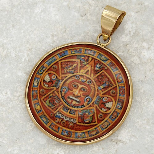14k Real Yellow GOLD Mayan Aztec Inca Mexican Sun Calendar Round ...