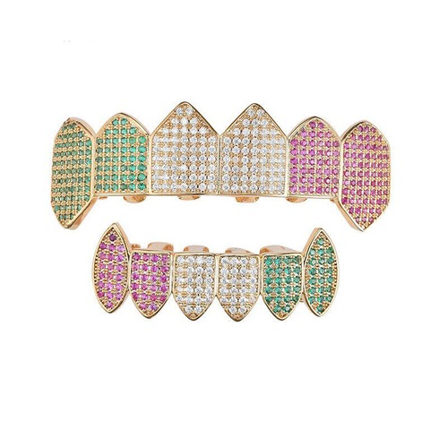 6 Teeth Grillz Mouth Top Bottom Full Iced Mens Hip Hop Colorful Tooth ...