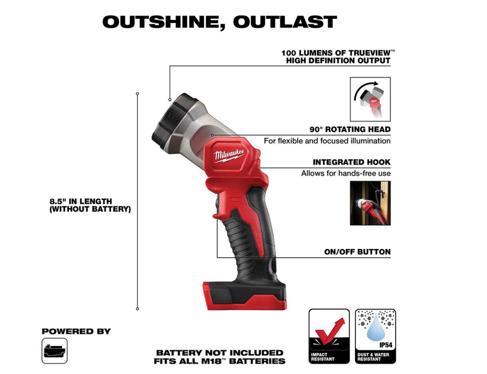 Milwaukee 2735-20 M18 18V Li-Ion Cordless 100 Lumens LED Flashlight ...