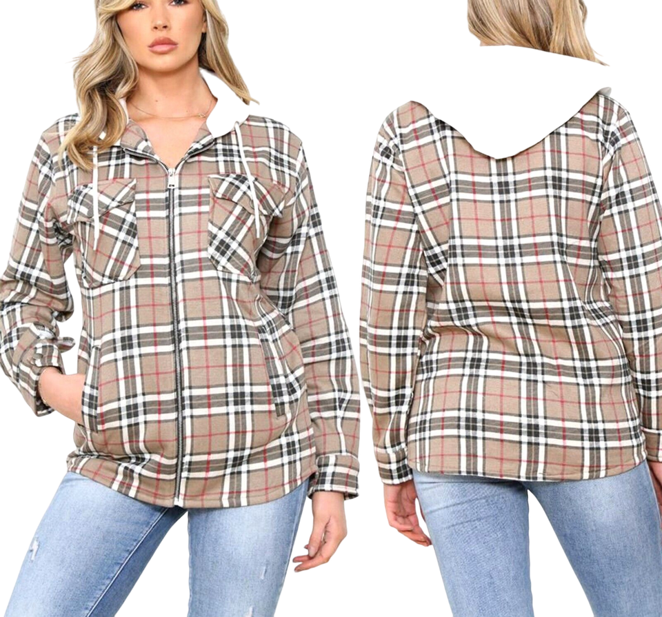 Ladies Check Oversized Hooded Fleece Jacket Shacket Casual Winter Size ...