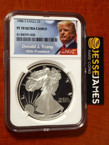 1986 S PROOF SILVER EAGLE NGC PF70 ULTRA CAMEO DONALD J. TRUMP LABEL | eBay