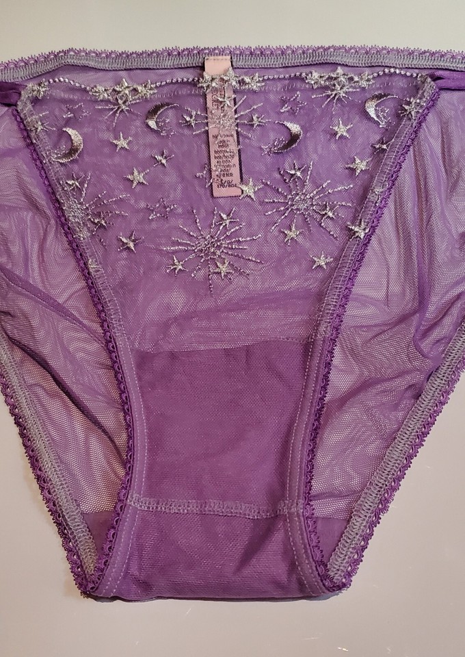 Victorias Secret Shiny String Bikini Panty Sheer Moon Stars 7/L PURPLE ...