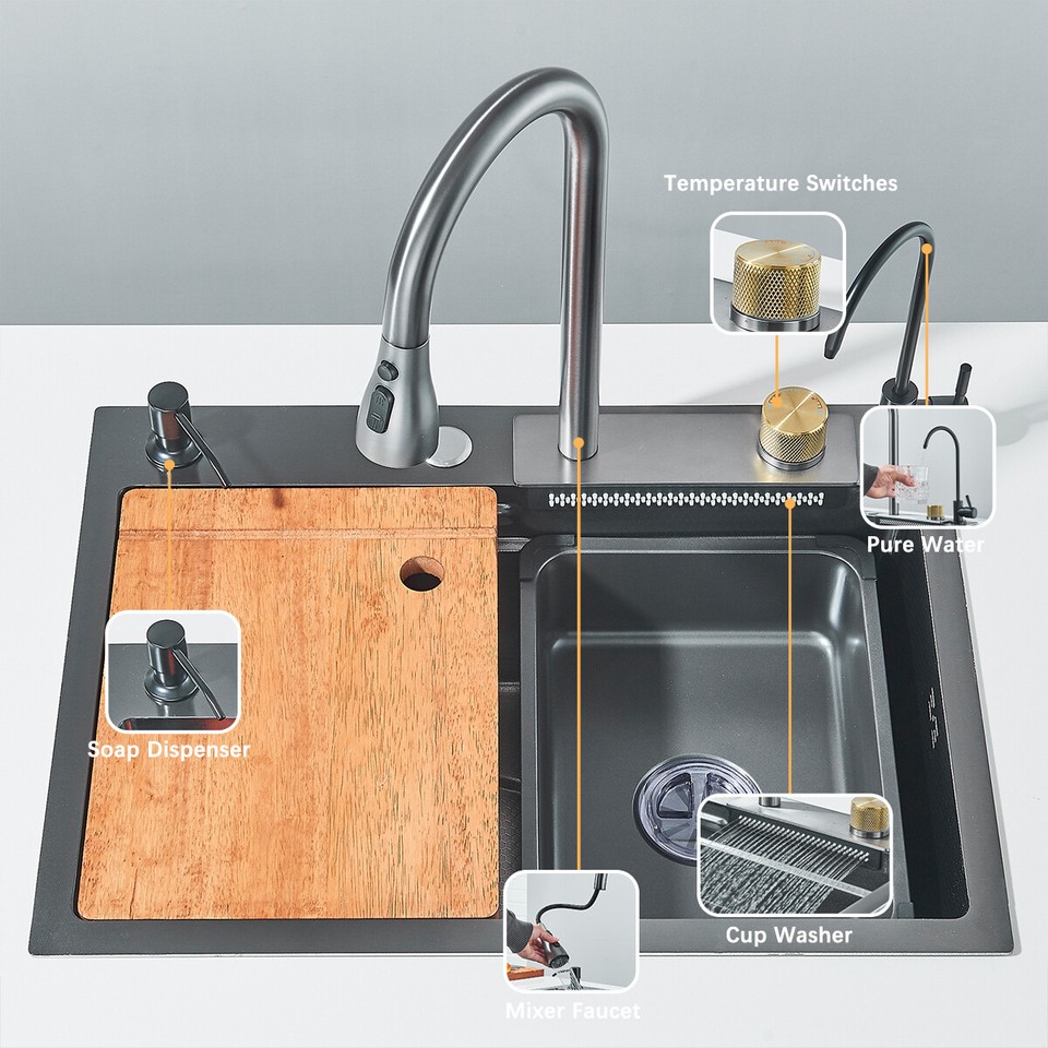 Stainless Steel Kitchen Sink Pull-Out Waterfall Faucet Single Bowl ...