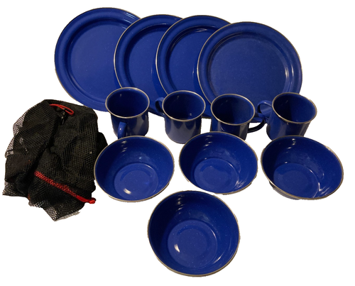 EUC! Blue Enamelware 16 Piece Camping Hiking Dining Set Dishes | eBay