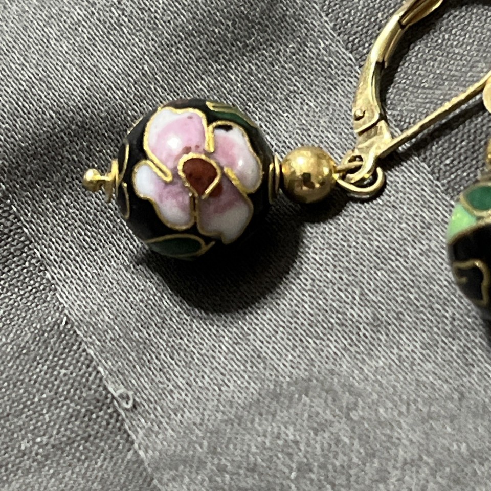 Vintage Estate 14K ZZ 585 Yellow Gold Dangle Cloisonne Ball Earrings ...