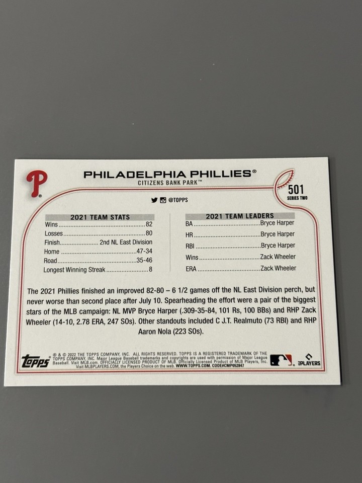 2022 Topps Series 2 - Philadelphia Phillies #501 Bryce Harper J.T ...