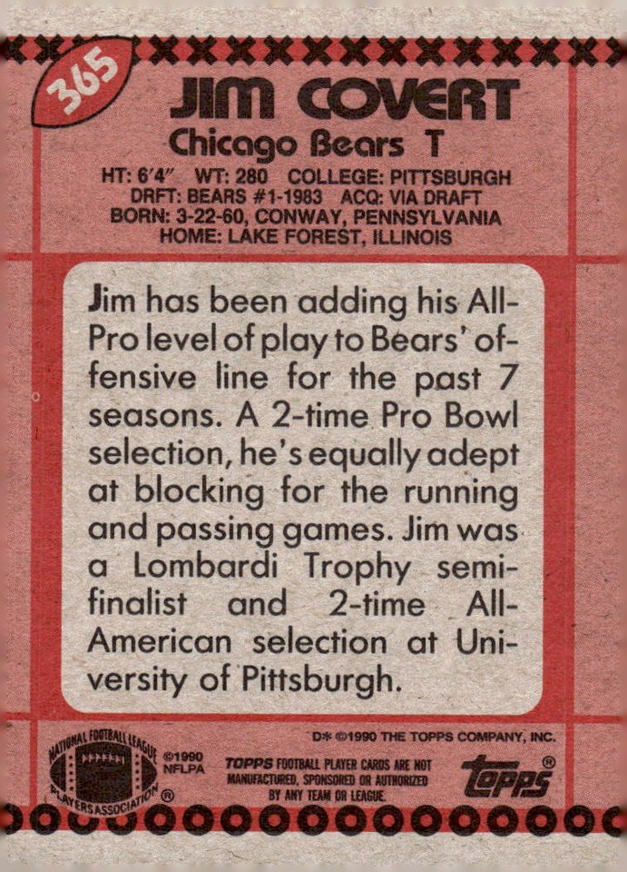 1990 Topps #365a Jim Covert - Chicago Bears | eBay