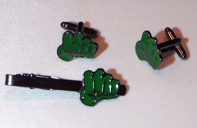 Marvel Comic's HULK FIST PEWTERTONE/Green Enamel TIE CLIP & CUFFLINKS ...
