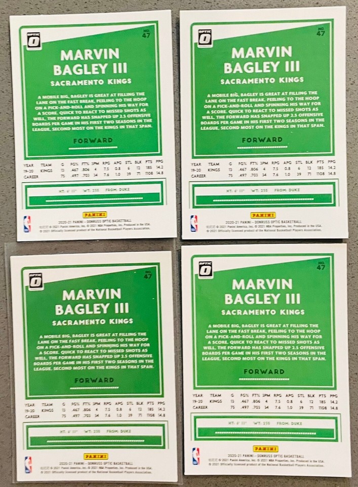Marvin Bagley III 4x Lot 2020-21 Panini Donruss Optic Basketball #47 ...