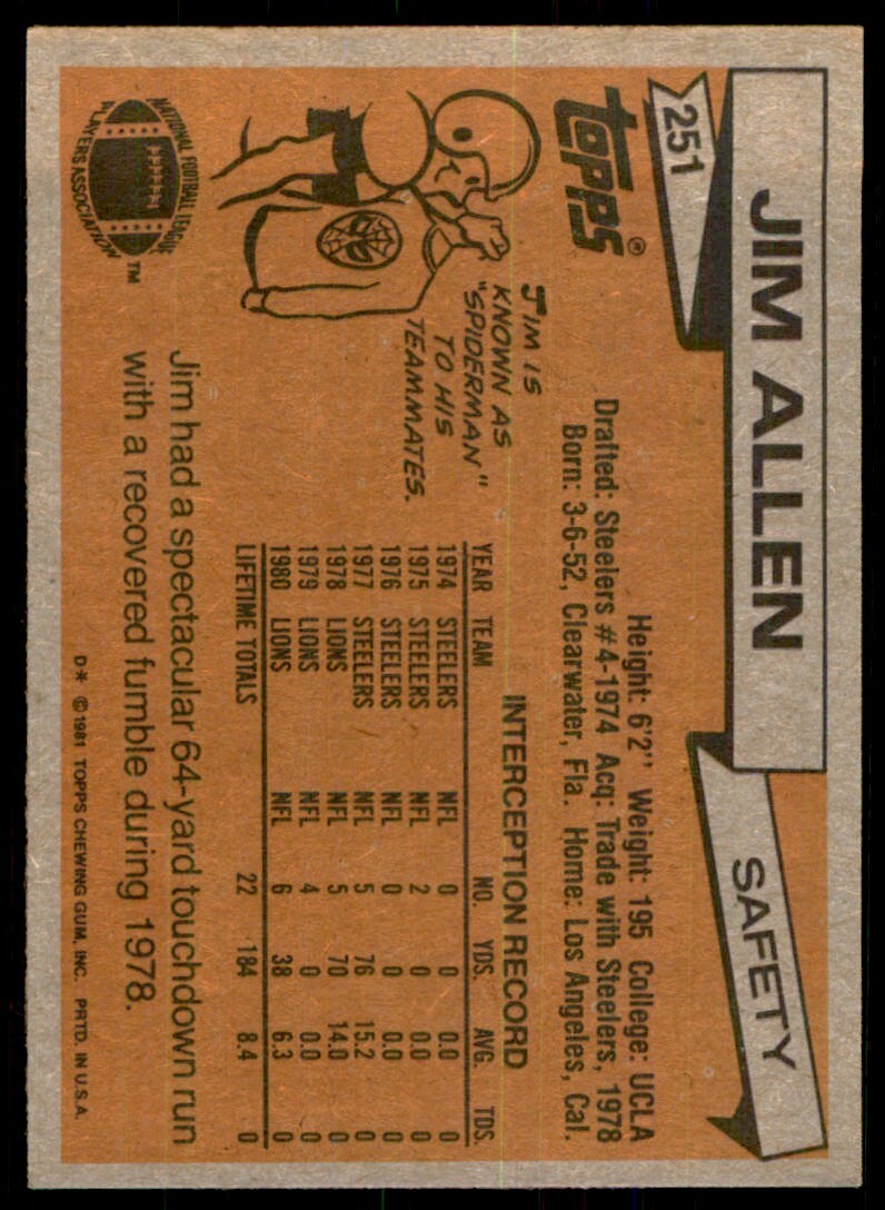 1981 *TOPPS JIM ALLEN DETROIT LIONS #251 | eBay