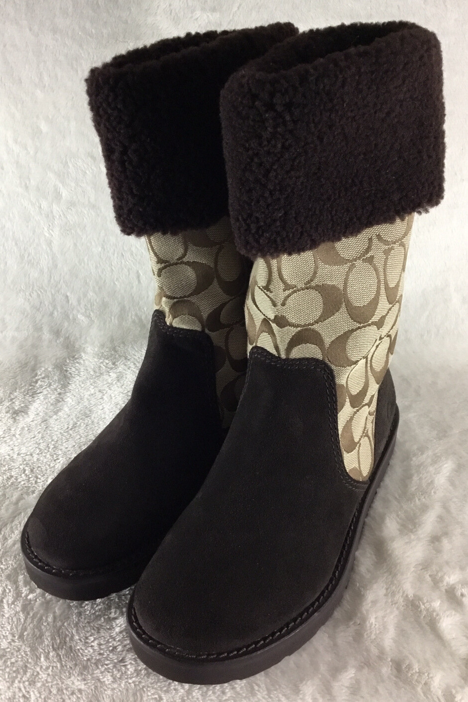 Coach Kally Women’s Signature Brown Suede Sherling Khaki Boots Mid Calf ...