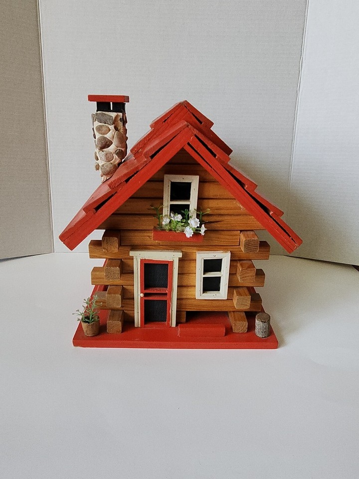 Vintage Wooden Log Cabin Bird Feeder Birdhouse Red Yard Porch Outdoor ...