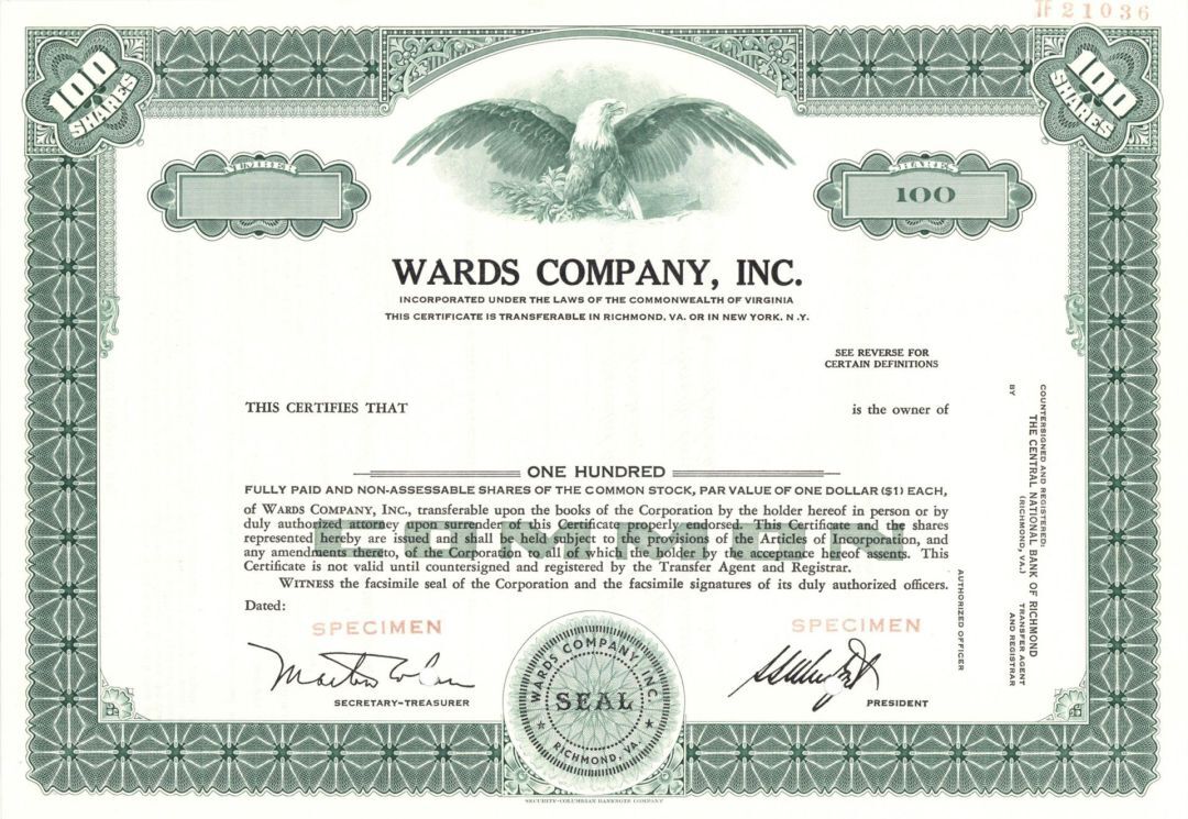 Wards Company, Inc. - Specimen Stock Certificate - Specimen Stocks ...