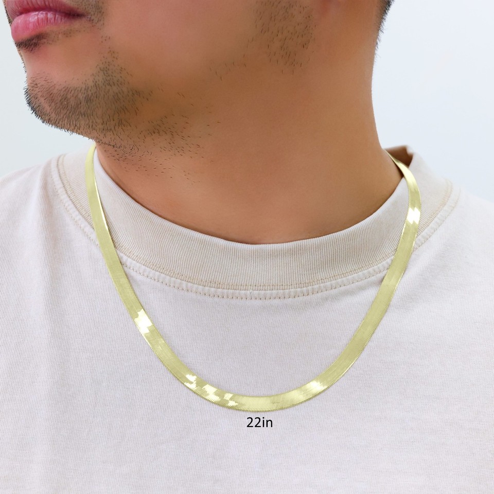 14K Yellow Gold Solid 3mm-7mm Flat Herringbone Chain Necklace Women Men ...