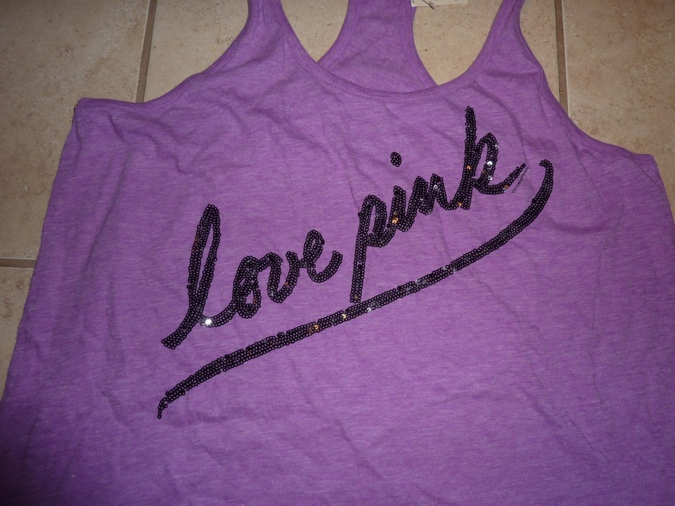 VICTORIAS SECRET PINK BLING SEQUIN CURSIVE "LOVE PINK" TANKTOP TEESHIRT ...