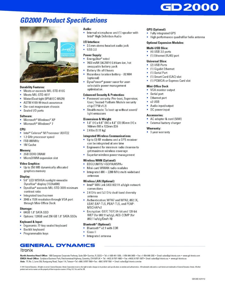 General Dynamics GD2000 Rugged Military Laptop Base UMPC 2GB GPS | eBay