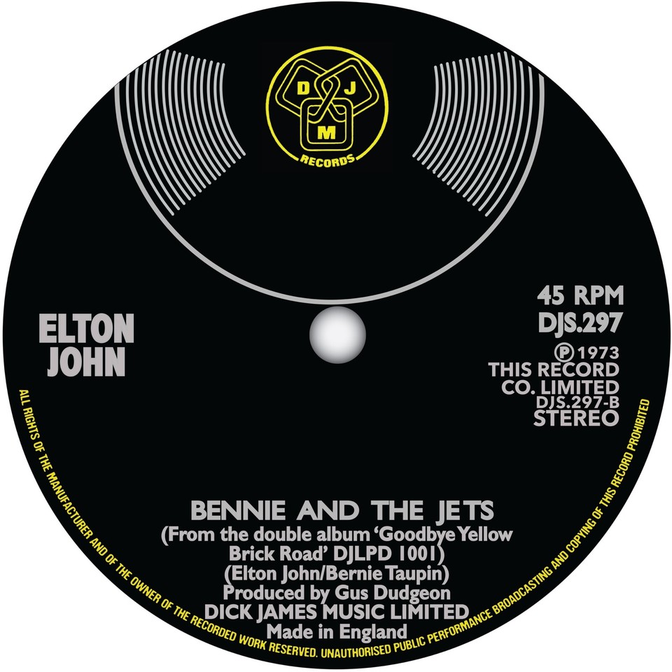 Elton John. Repro record label stickers. Your Song. Bennie & The Jets ...
