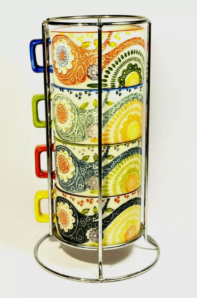 Set of 4 Pier 1 Imports Stackable Mugs Paisley Coffee Cups w/ Stand ...