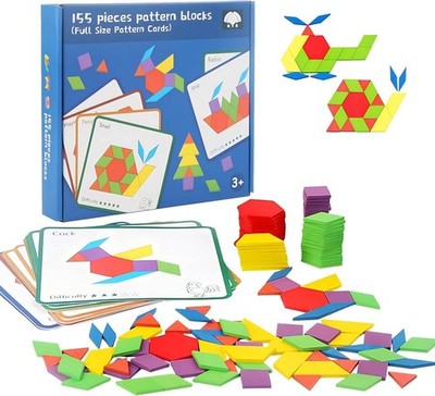 155 PCS Wooden Pattern Blocks Set, 24 Double-Sided Design Cards(48 ...