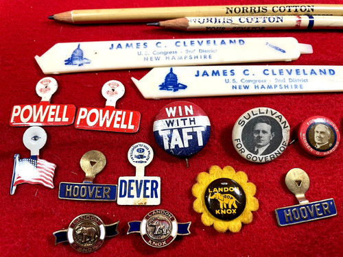 174 VINTAGE LOT POLITICAL PINS HARDING, TAFT, HOOVER, SULLIVAN, LANDON ...