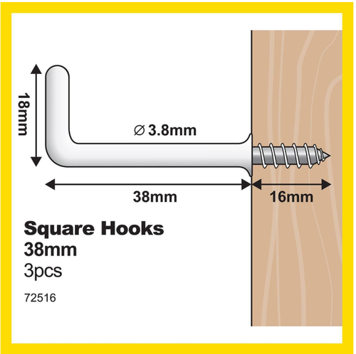 3 x 38mm White PVC Coated Plated Square Hook Load Rated 22kg 72516 ...