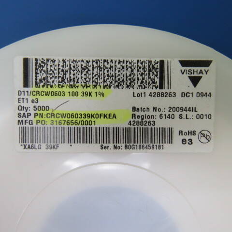 VISHAY CRCW060339K0FKEA Qty of 1500 per Lot 39 kOhms 1% 0.1W, 1/10W ...