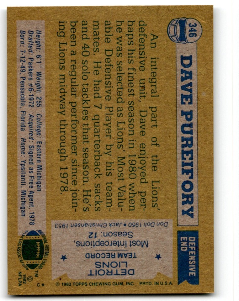 1982 TOPPS DAVE PUREIFORY DETROIT LIONS #346 | eBay
