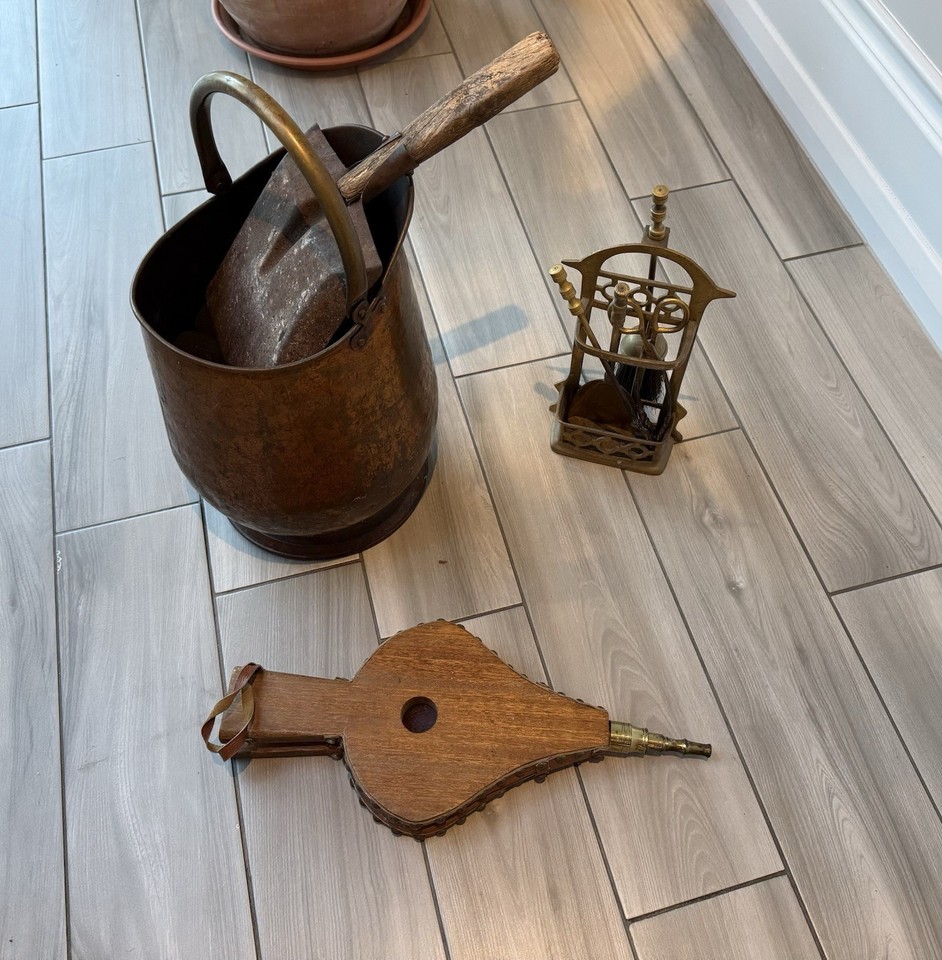 Fireplace Set with Coal Bucket, Poker, Brush, Tongs, and Shovel and ...