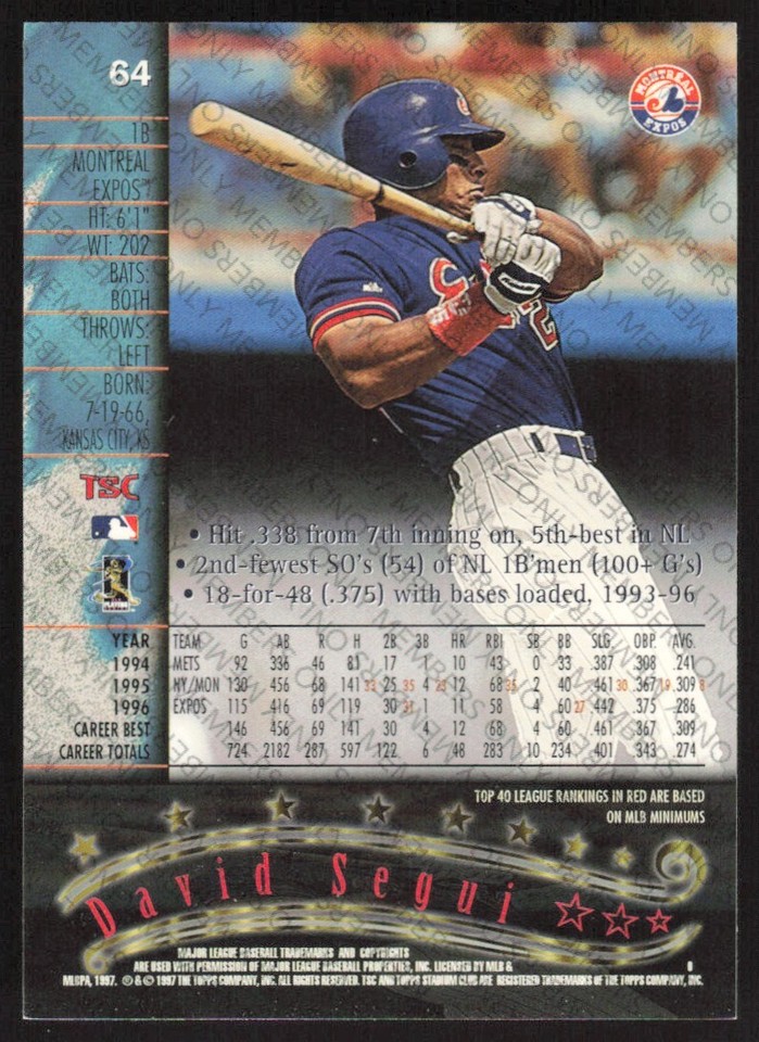 1997 Topps Stadium Club Members Only David Segui #64 Montreal Expos | eBay