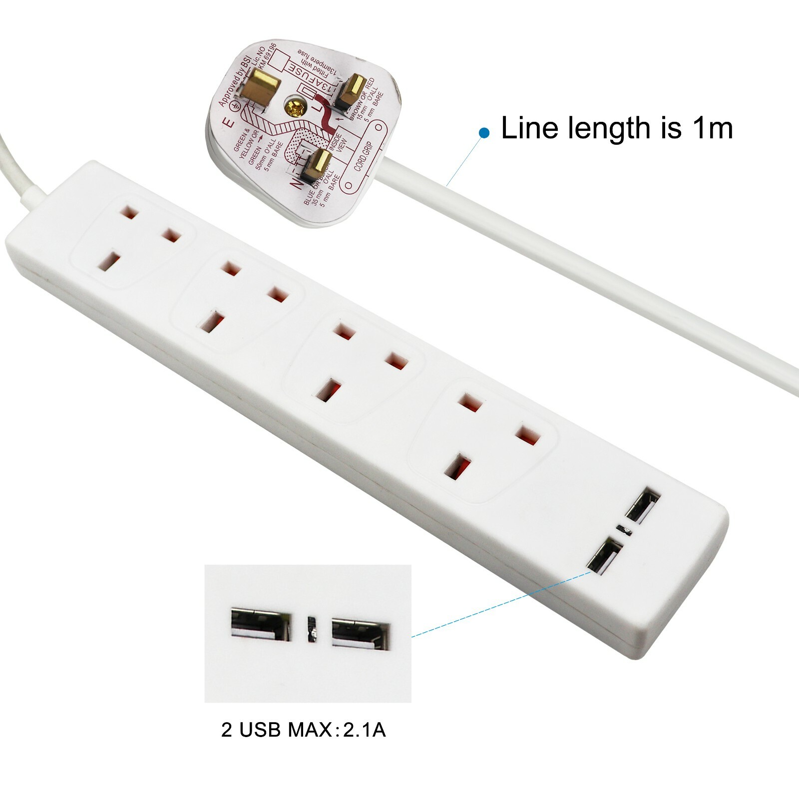 4 Gang Way Extension Lead 2 USB Ports Cable Electric Plug Socket UK ...