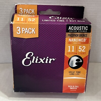 3 Pack Elixir 16544 Nanoweb Acoustic Strings Custom Light 11-52 ...