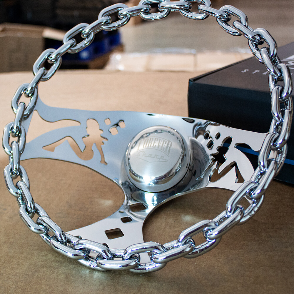 11" Chrome Chain Steering Wheel with Lady Cutouts and Horn for Chevy ...