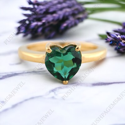 925 Sterling Silver 5x5 Heart Shape Natural Emerald Ring Yellow Gold ...