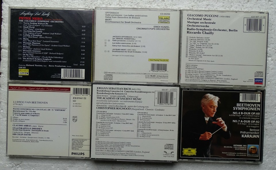 6 Music CD's - Beethoven, Offenbach, Bach, Chailly/Puccini, Peter Nero ...