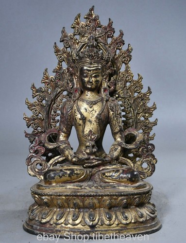 10" Old Tibet Copper Gilt Buddhism Amitayus longevity God Goddess ...