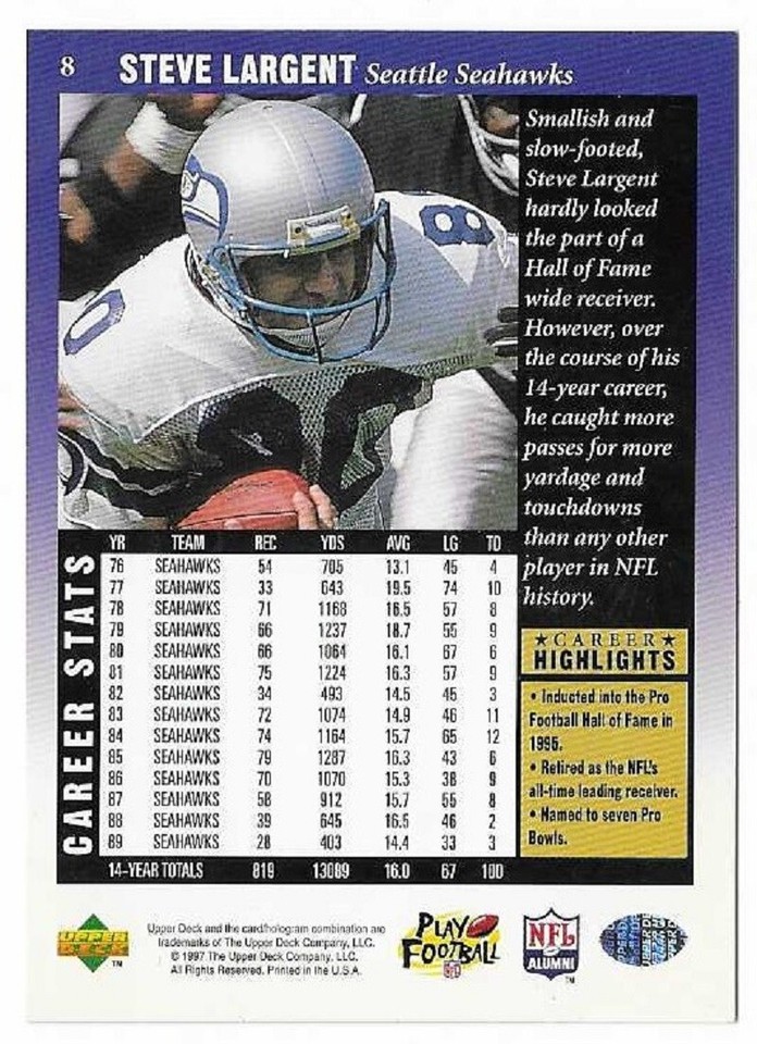 STEVE LARGENT 1997 Upper Deck Legends Football # 8 Seattle Seahawks HOF ...