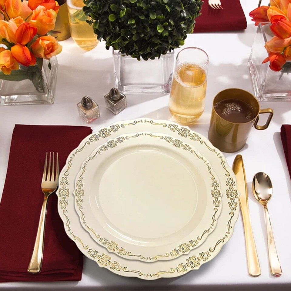 Elegant Vintage Disposable Plastic Plates Wedding Party Value Sets 120 ...