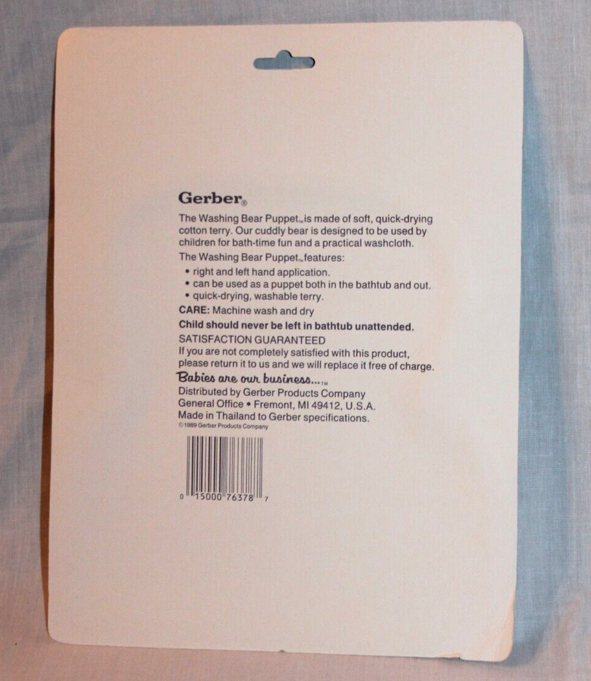 NEW IN PACKAGE 1989 VINTAGE BABY GERBER WASHING BEAR PUPPET SOFT TERRY ...