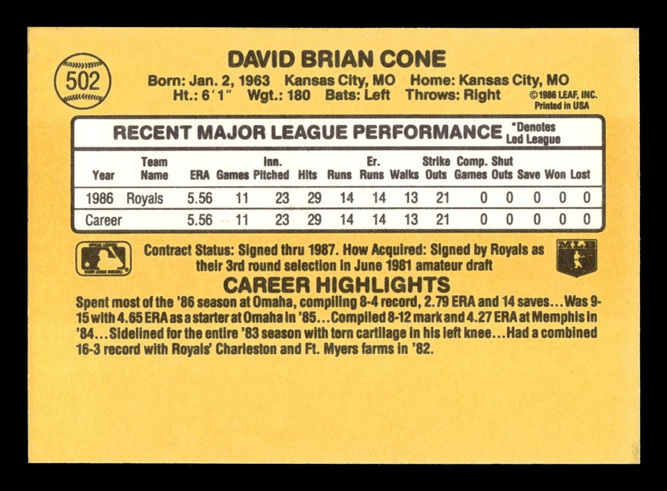 David Cone 1987 Donruss #502 Kansas City Royals Rookie | eBay