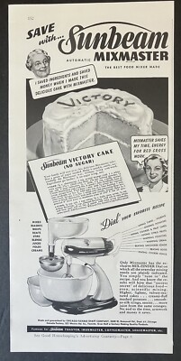 1942 Sunbeam Mixmaster Automatic Victory Cake Recipe B&W Vintage Print ...