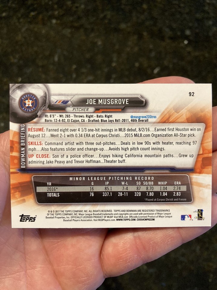 Joe Musgrove 2017 Bowman #92 Rookie Card RC Houston Astros | eBay