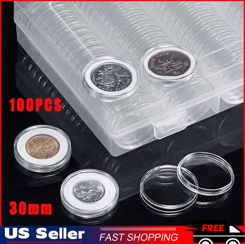 100 Pcs Clear Coin Capsule Round Plastic Holder Container Storage Box ...