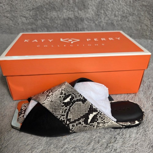 Katy Perry Snakeskin Slide Flat Sandals Black White Metal Toe Accent 7M ...