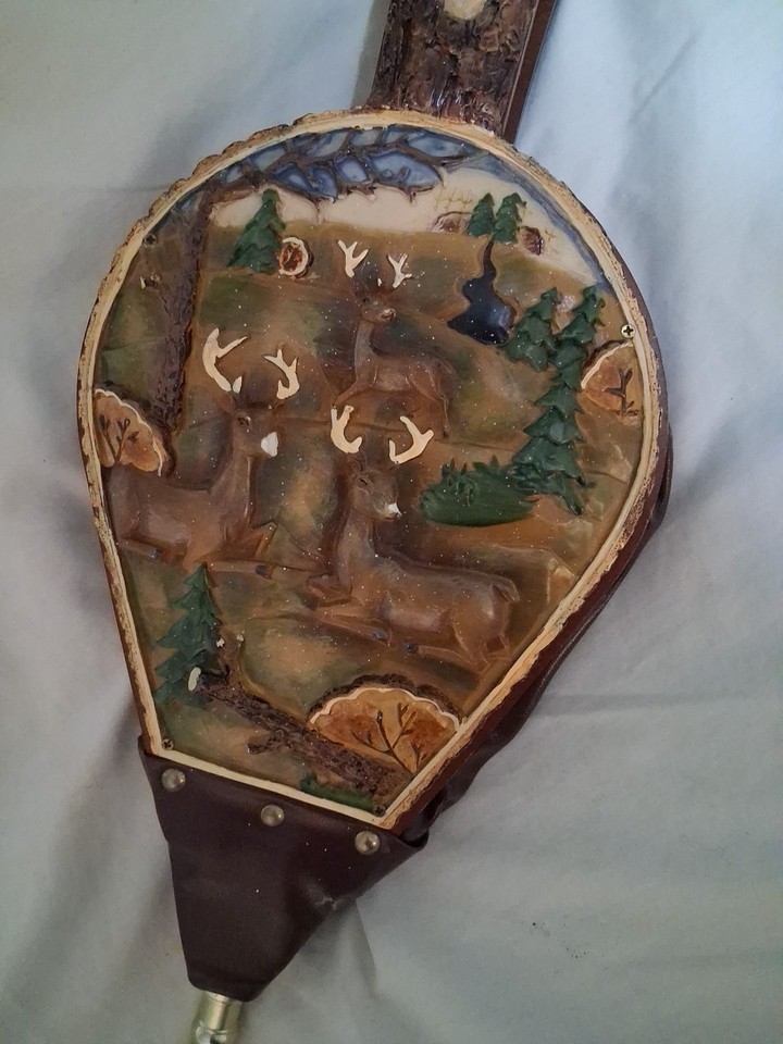 Fireplace Bellow 3D Carved Painted Deer Wood Brass Leather Bellows ...