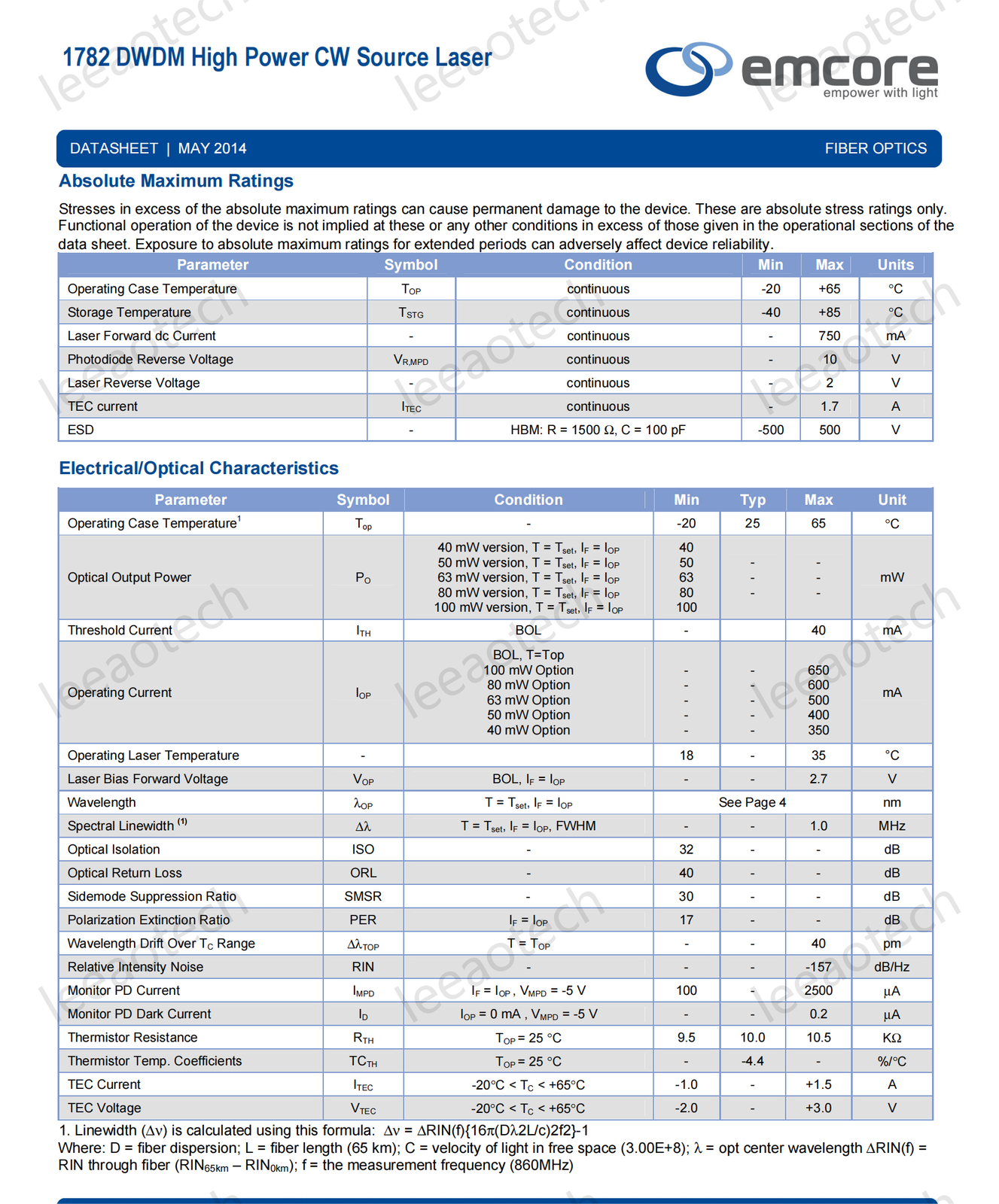 EMCORE 1530-1550nm CW DFB Laser FC/APC Output 40-60mW PM Fiber 14Pin ...