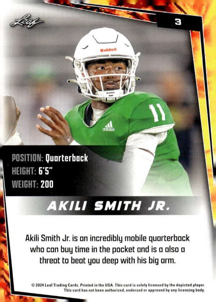 AKILI SMITH JR. RC 2024 Leaf #3 ROOKIE NFL ID:109086 | eBay