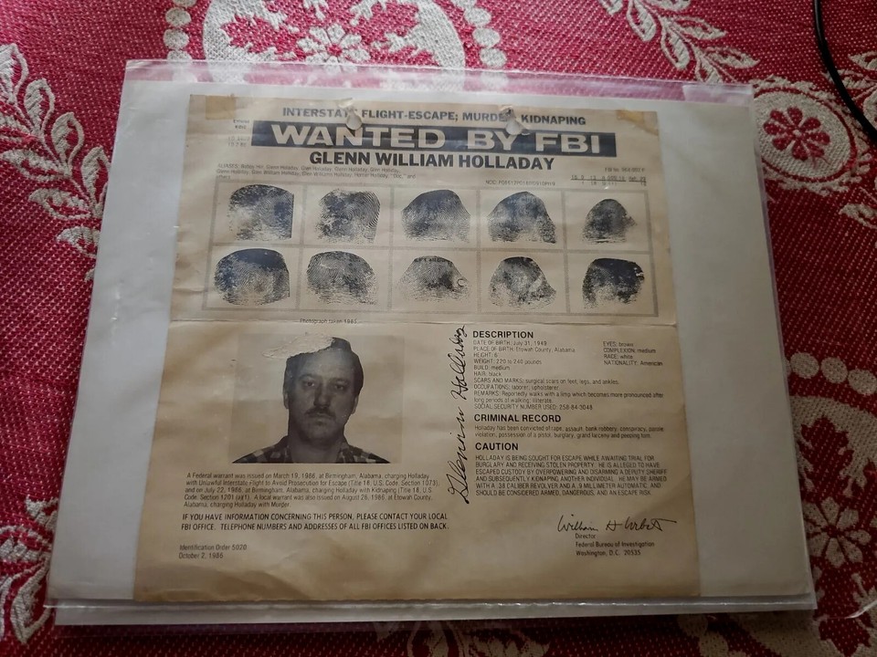 1986 WANTED BY FBI POSTER GLENN WILLIAM HOLLADAY SIGNED MURDER ...