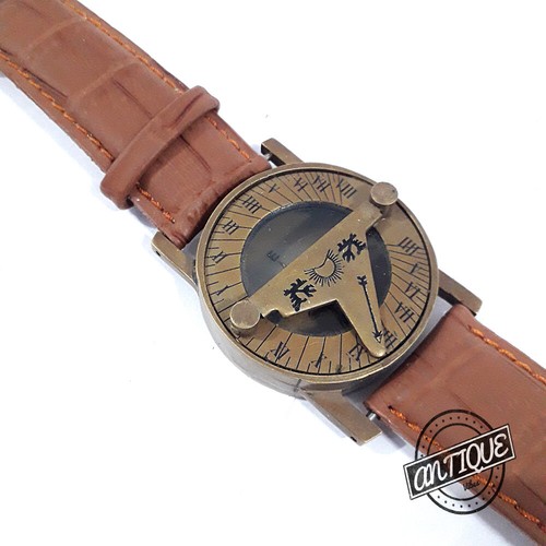 Brass Sun-dial Compass Nautical Sun Clock Wrist Leather Strap Watch ...