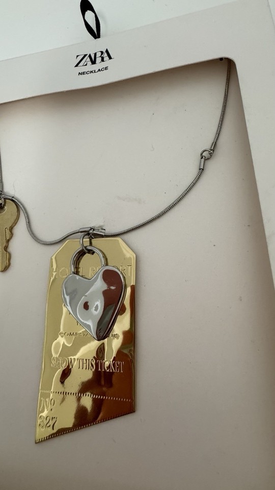 ZARA Statement Necklace | Heart Key Gold Ticket Charm | Y2K Indie ...