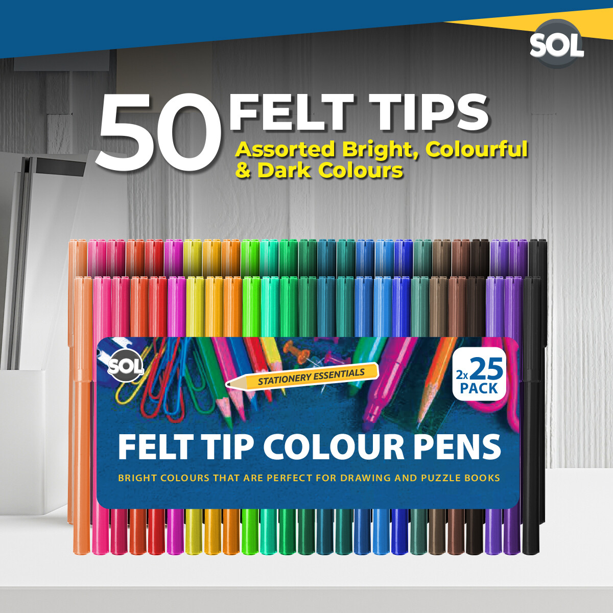 50 Felt Tip Pens Set Fine Fibre Drawing Markers Colouring Art School ...
